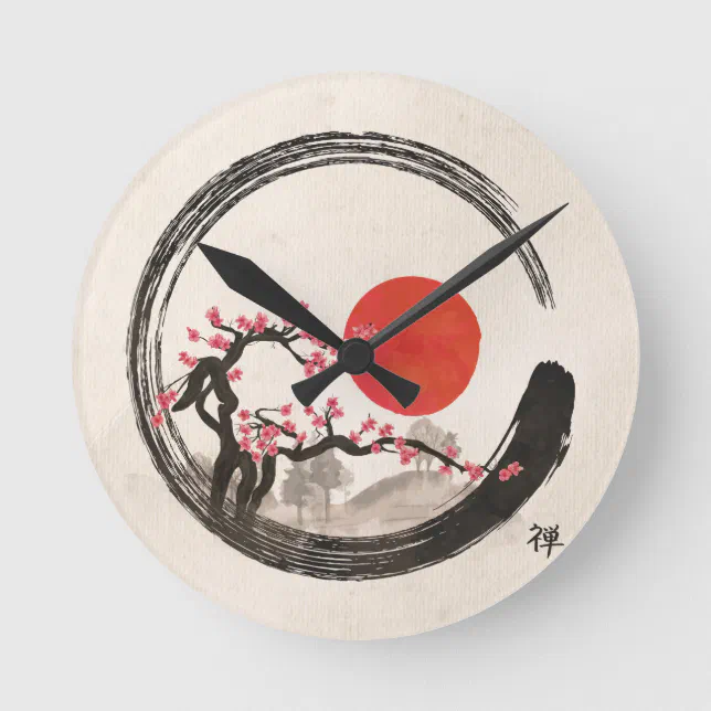 Zen Enso Circle and Sakura Tree Round Clock | Zazzle