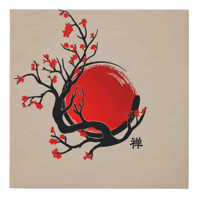 Zen Enso Circle, Sun and Red Sakura Blossom Faux Canvas Print | Zazzle