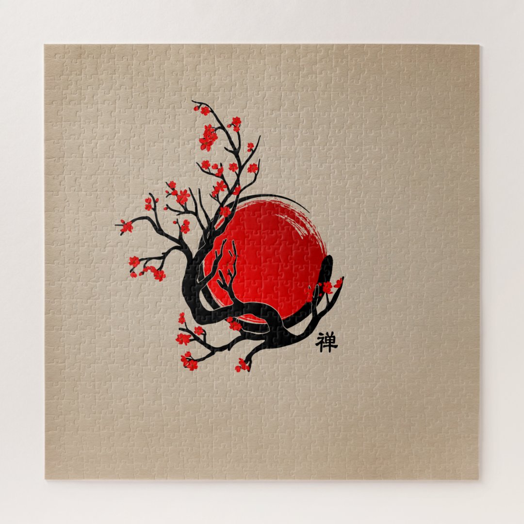 Zen Enso Circle, Sun and Red Sakura Blossom Jigsaw Puzzle | Zazzle