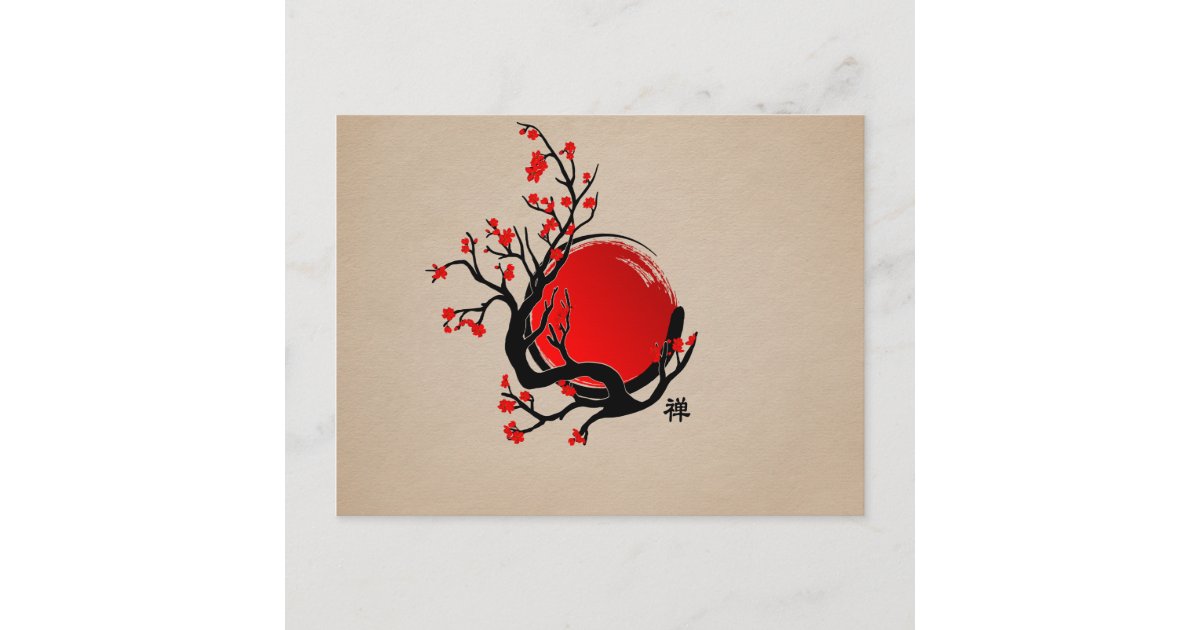 Zen Enso Circle, Sun and Red Sakura Blossom Postcard | Zazzle