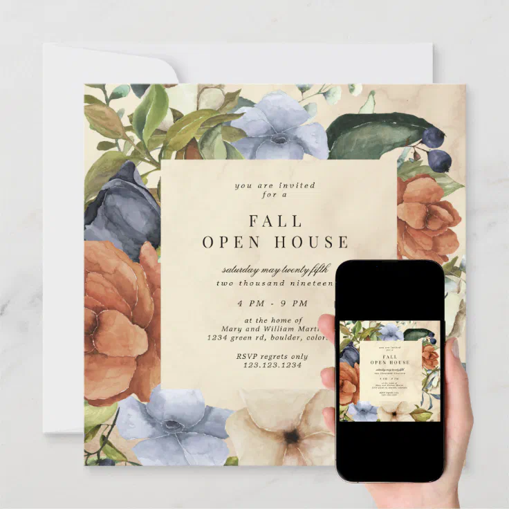 zephyr autumn elegant floral square open house invitation | Zazzle