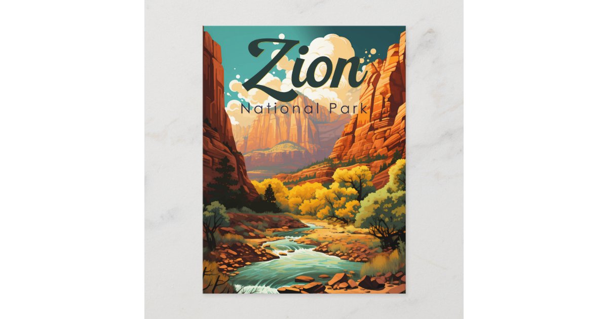 Zion National Park Illustration Retro Postcard | Zazzle