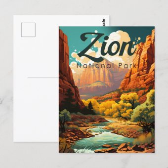 Zion National Park Illustration Retro Postcard | Zazzle