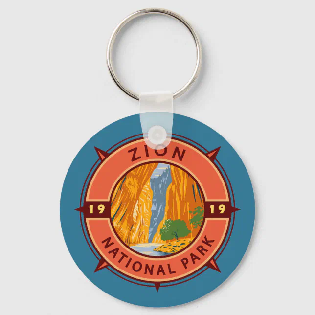 Zion National Park Retro Compass Emblem Keychain | Zazzle