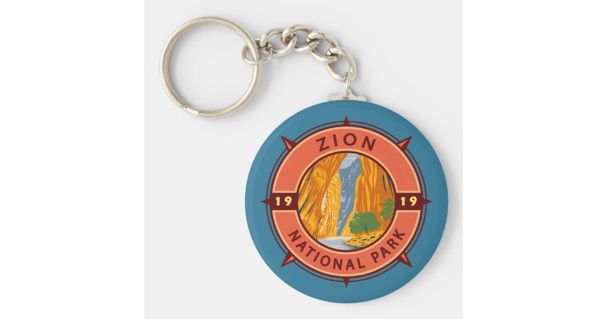 Zion National Park Retro Compass Emblem Keychain | Zazzle