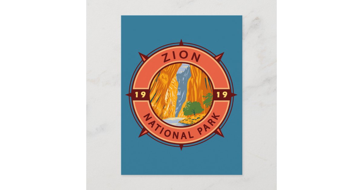 Zion National Park Retro Compass Emblem Postcard | Zazzle