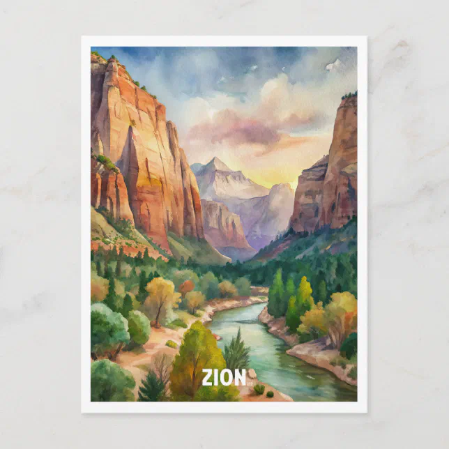 Zion National Park Watercolor Painting Postcard | Zazzle