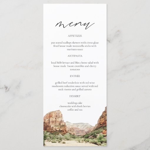 ZION National Park Watercolor Wedding Menu Cards | Zazzle