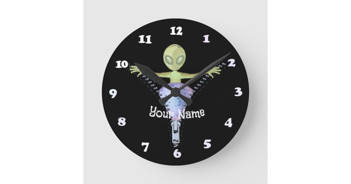Zipper Alien custom name Round Clock | Zazzle