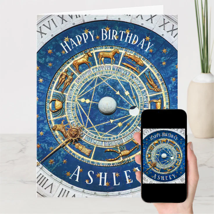 Zodiac Old World Birthday Sun Signs Blue + Name Card | Zazzle