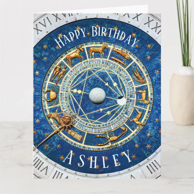 Zodiac Old World Birthday Sun Signs Blue + Name Card | Zazzle