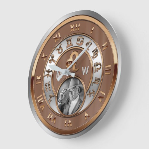 Zodiac Photo Bronze Silver Birth Monogram Leo Lion Large Clock | Zazzle