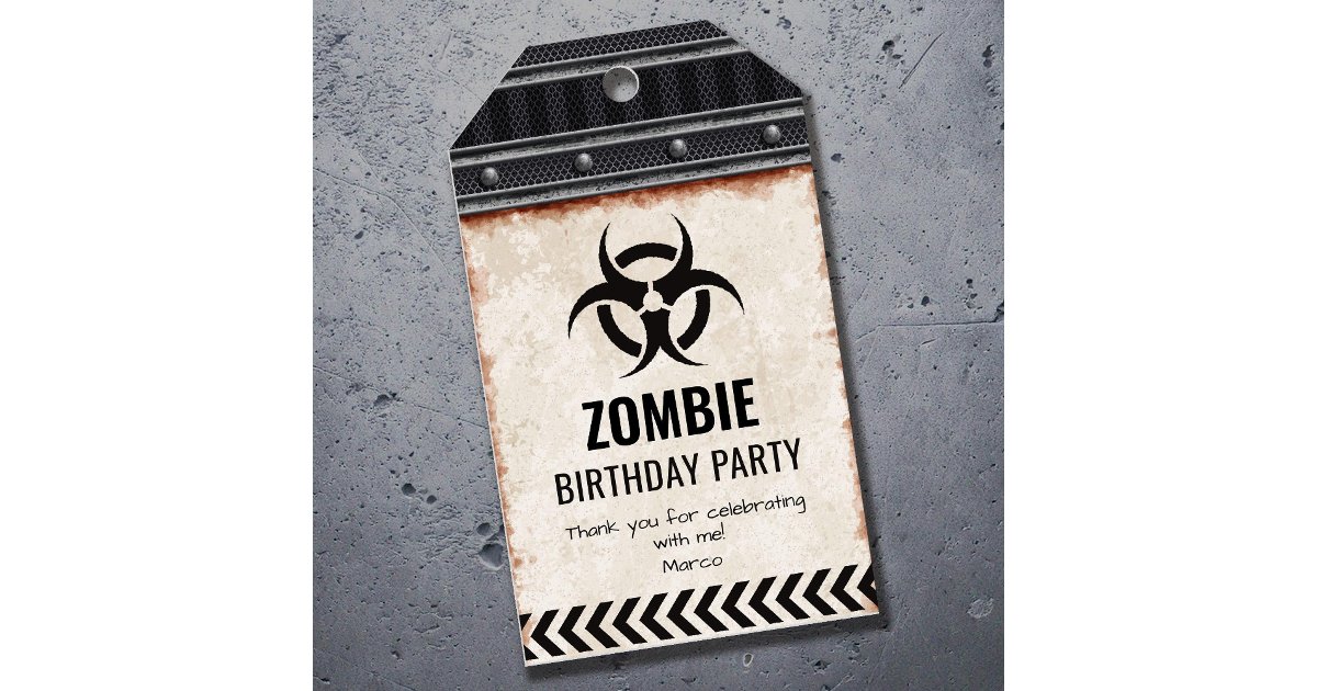 Zombie birthday party thank you with biohazard gift tags | Zazzle