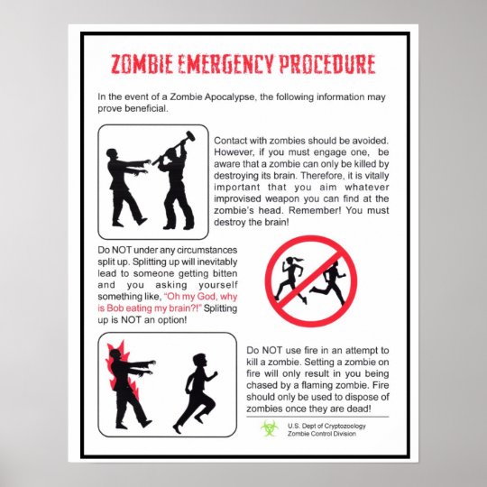 Zombie Emergency Procedure Poster | Zazzle.com