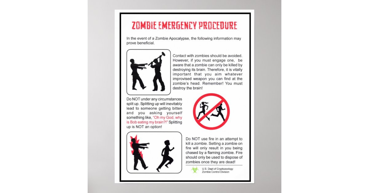 Zombie Emergency Procedure Poster | Zazzle