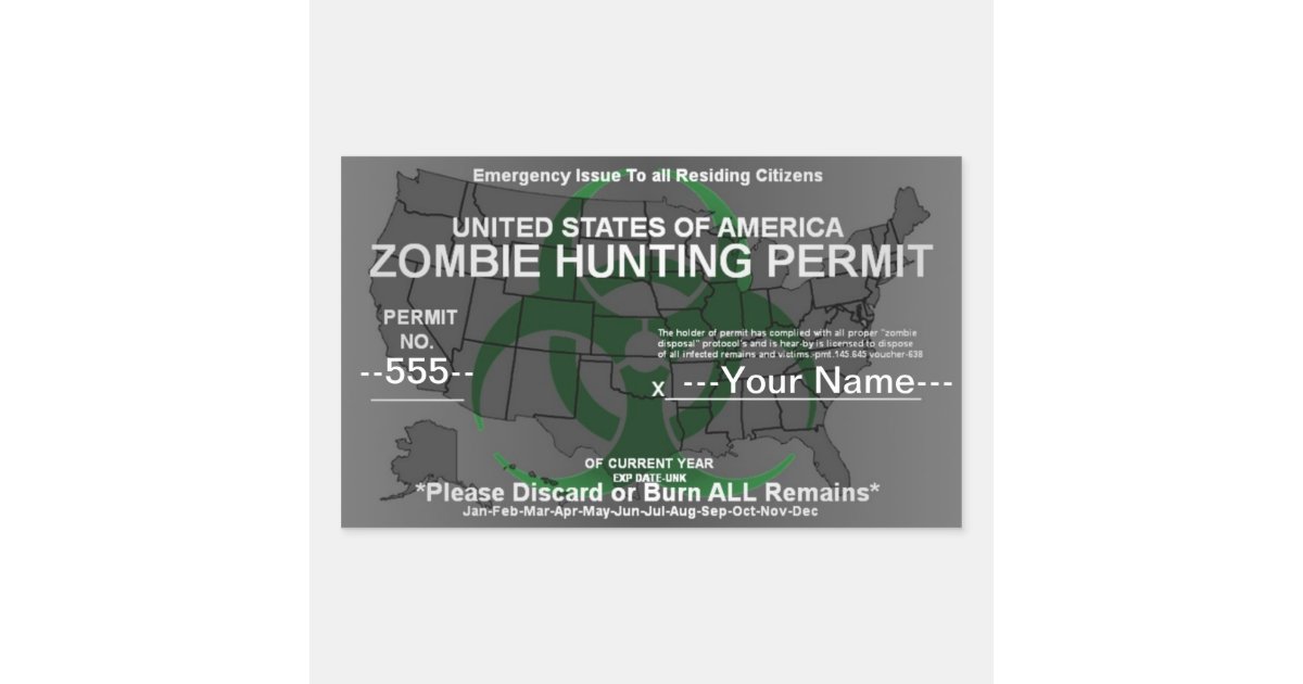 Zombie hunting permit template (Green on Grey) Rectangular Sticker | Zazzle