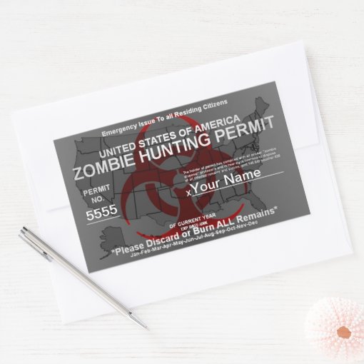 Zombie Hunting Permit Template (Red on Grey) Rectangular Sticker | Zazzle