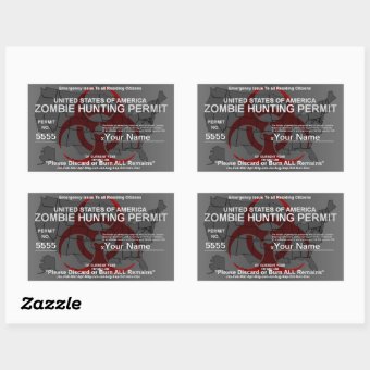 Zombie Hunting Permit Template (Red on Grey) Rectangular Sticker | Zazzle