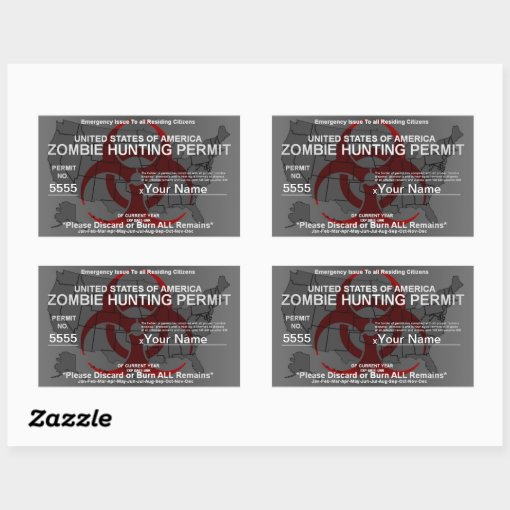 Zombie Hunting Permit Template (Red on Grey) Rectangular Sticker | Zazzle