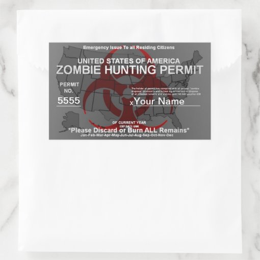 Zombie Hunting Permit Template (Red on Grey) Rectangular Sticker | Zazzle