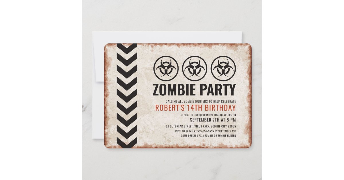 Zombie party invitation card with biohazard symbol | Zazzle