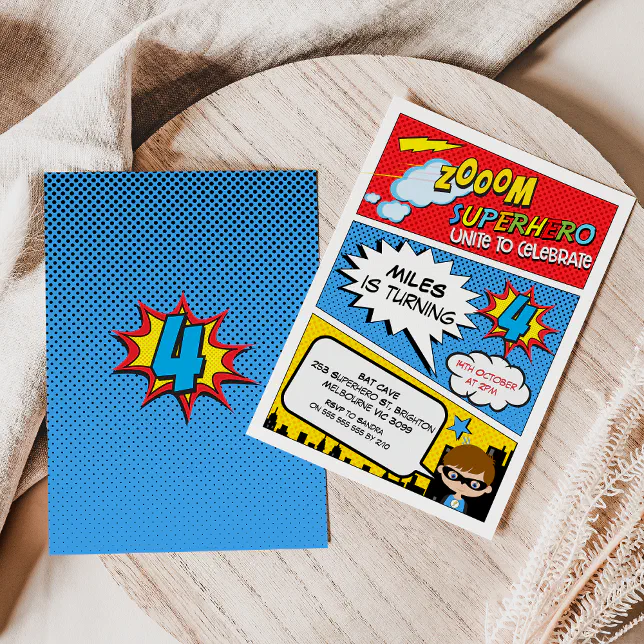 Zoom Comic Superhero 4th Birthday Invitation | Zazzle