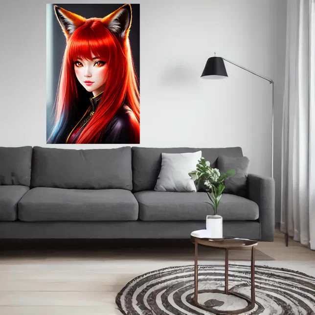 Zoomorphic young lady red hair fox ear | AI Art Poster | Zazzle